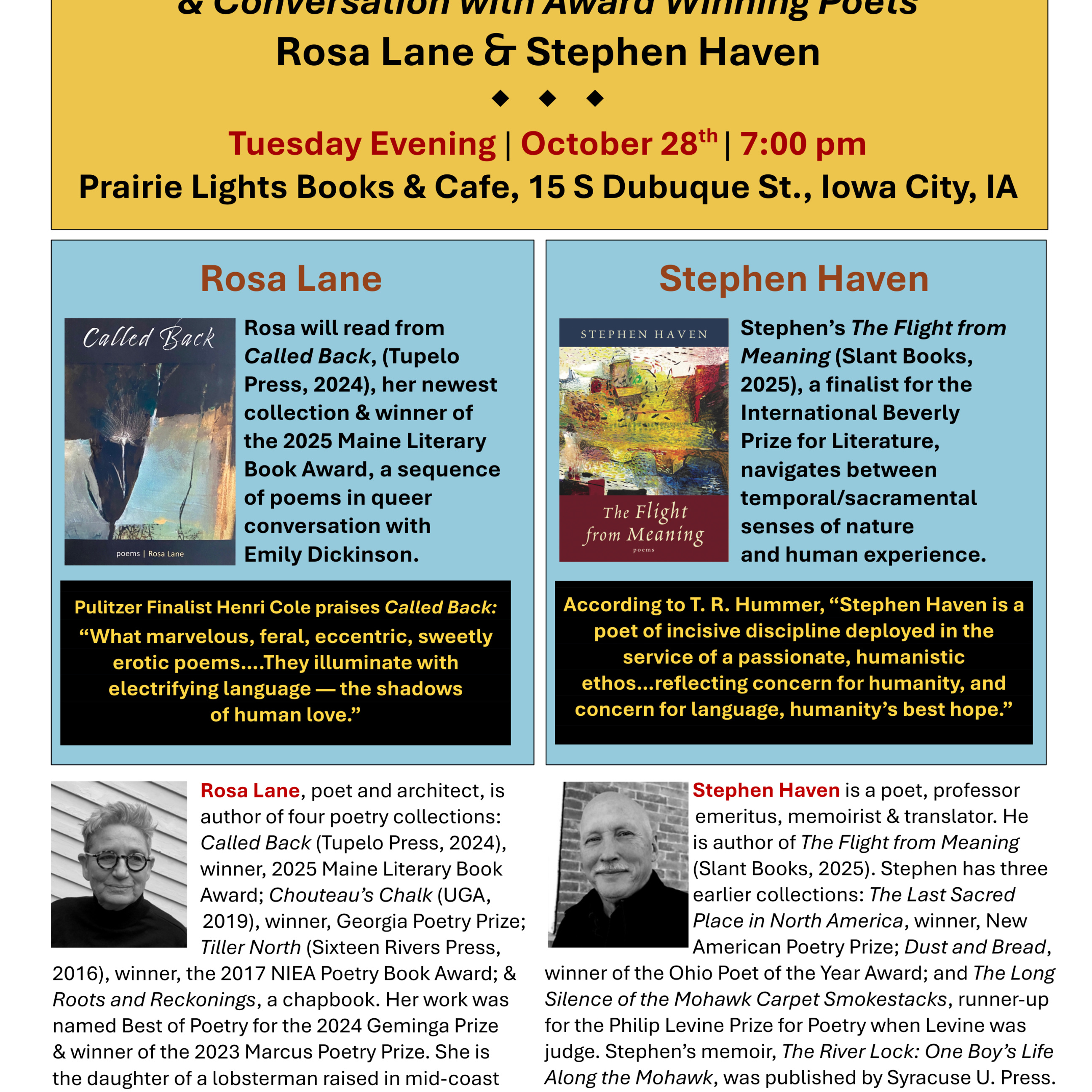 Live from Prairie Lights | Stephen Haven & Rosa Lane | Writers' Workshop | College of Liberal ...